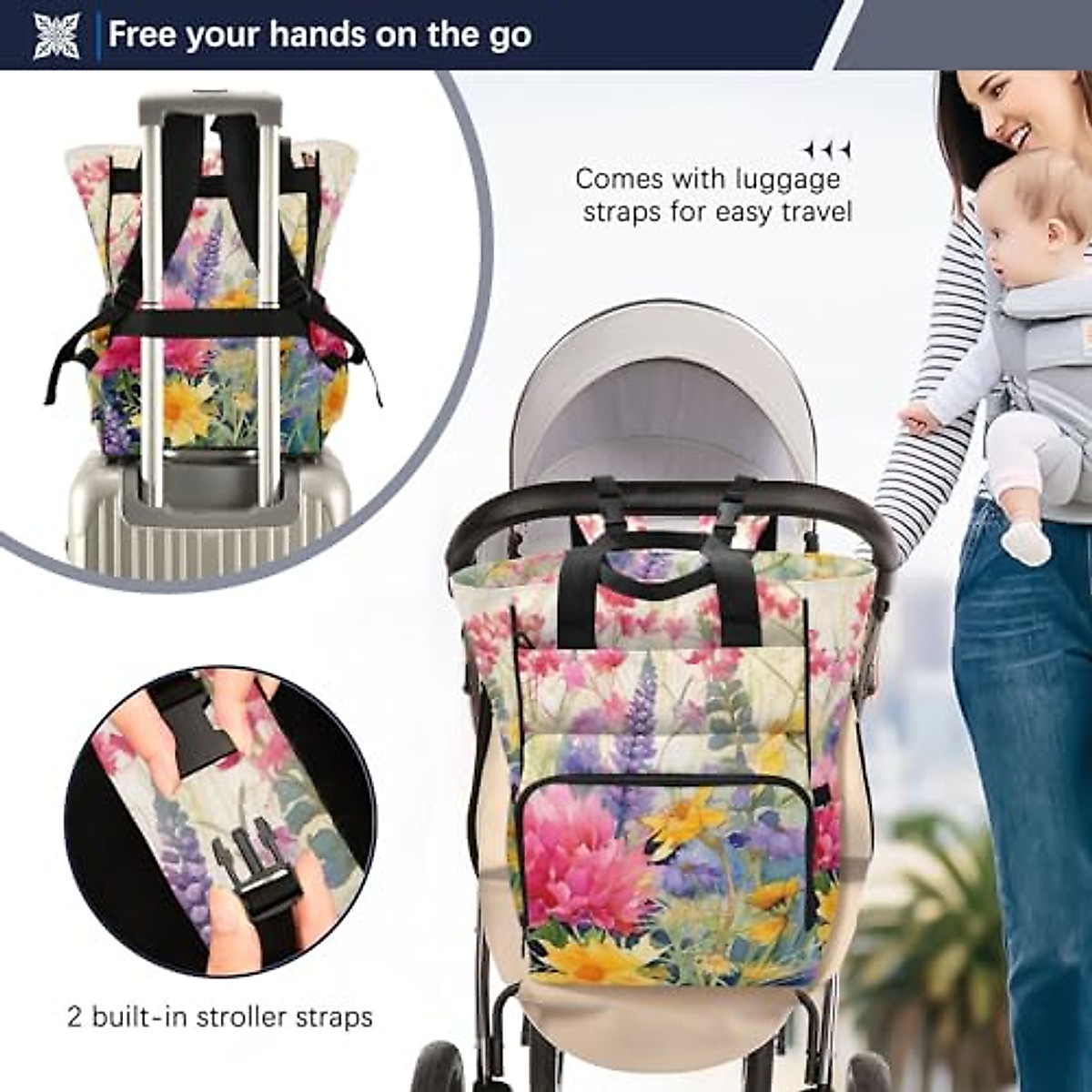 xigua Flowers and Butterfly Diaper Bag Backpack Multi Function Baby Changing Bags Waterproof Large Capacity Travel Back Pack for Mom Dad