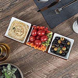 Restaurantware 15 Ounce Bowl Set with Tray - 1 Dishwashable Serving Set Includes 3 Porcelain Bowls And 1 Bamboo Tray Durable White Porcelain And Bamboo Bowl And Tray Set Reusable Freezable