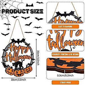 Bucherry Black Cat Pumpkin Hanging Sign Happy Halloween Front Door Welcome Sign Wall Decor Wall Plaque for Halloween Party