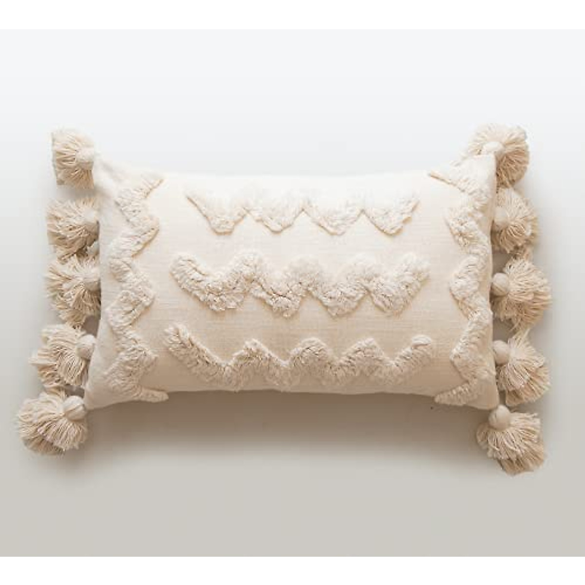 Banilla Throw Pillow Cover Bundle | Featuring a Pair of Hand Tufted Diamond Detailed 18" Pillow Covers & a 12x20 Lumbar Pillow with Chunky Tassels | Natural White
