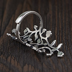 BALMORA 925 Sterling Silver Open Rings for Women Girls Hollow-Out Flower Leaves Wide Finger Ring Adjustable For US Size 7-12