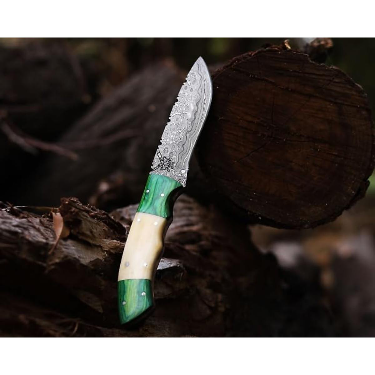 ADAM KNIVES Fixed Blade Damascus Steel Hunting Knife With Leather Sheath, 9'' Full Tang Skinning, Non-Slip Wooden Handle, Camping (Green Wood)