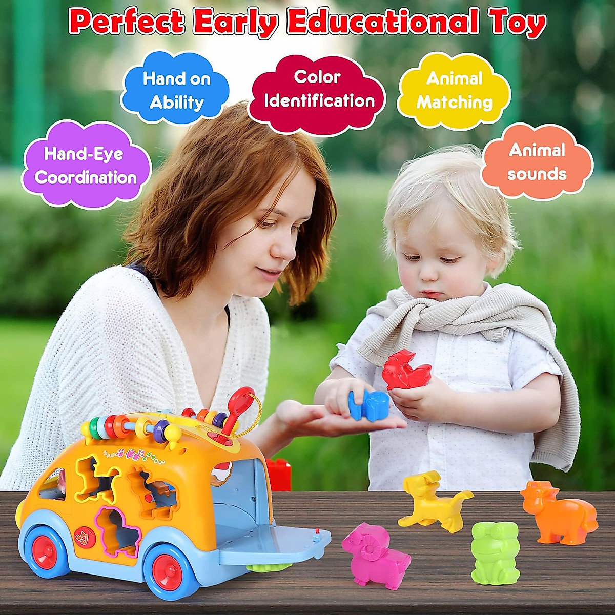 Baby Toys 12 18 Months, Musical Bus Animals Car Toys for 1 Year Old Boy Baby Early Education Toy Christmas Birthday Gift Toys for Infant Baby 1 2 3 Year Old Boys Girls Kids Learning Toy for Toddler