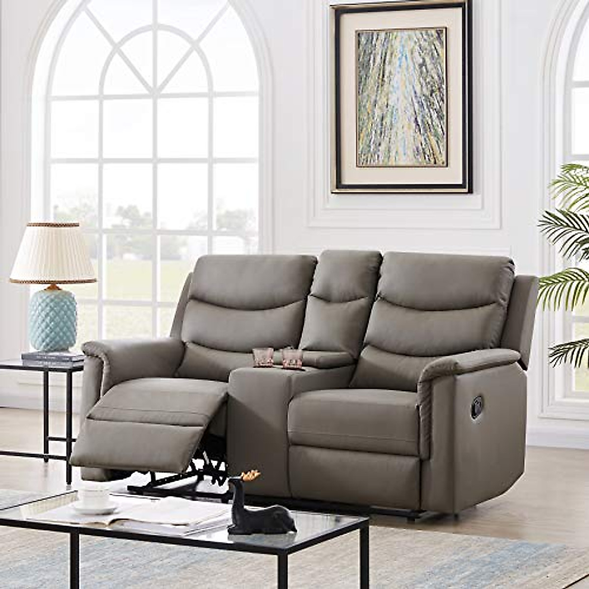 Faux Leather Manual Motion Reclining Loveseat Sectional Sofa Couch with 2 Cup Holders and Two Recliner Chaise ,PU Wall Hugger Sofa & Couch for Home Theater Apartment RV Living Room Furniture Sets