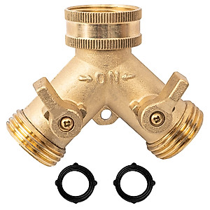 Xiny Tool Brass Garden Hose Splitter (2 Way), Solid Brass Hose Y Splitter 2 Valves with 2 Extra Rubber Washers (4)