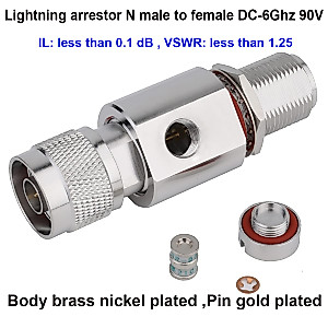 RFiotasy Coaxial N Type Lightning Arrestor 0 to 6 GHz (N-Male/N-Female) 50ohm, Protects 3G,4G,LTE, GPS,2.4GHz/5GHz Wi-Fi, 900MHz,Ham Other Outside Antennas Pack 2