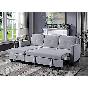 GLANZEND Velvet Convertible Sleeper, L-Shape 3 Seater Reversible Sectional Couch with Storage Chaise, Pull-Out Sofa Bed for Living Room, Small Apartment, Dorm, Light Gray, 60 Inch