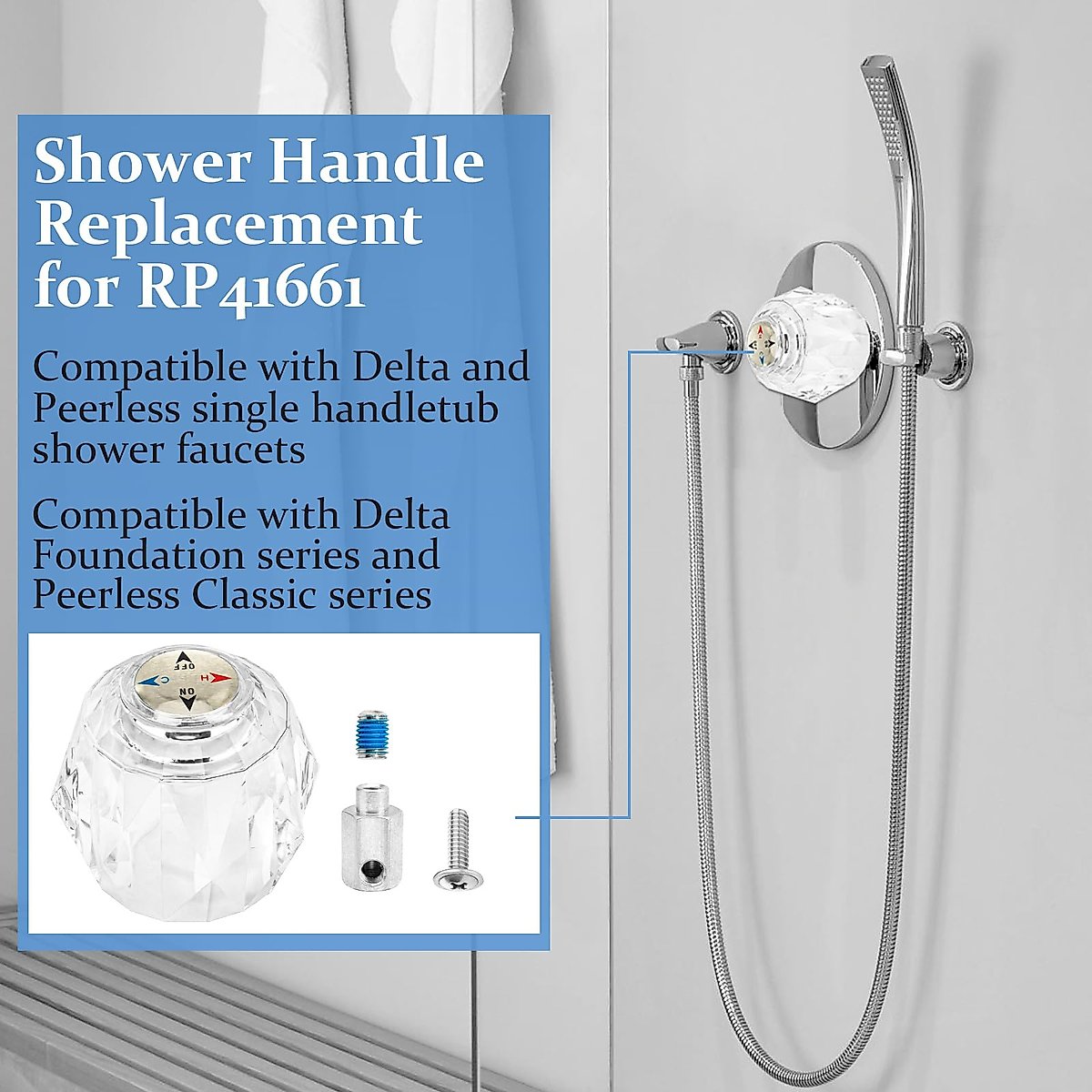 RP41661 Shower Handle Kit Replacement for Delta and Peerless Single Handle Tub Faucets, Clear Acrylic Shower Knob with Button, Screw and Connector