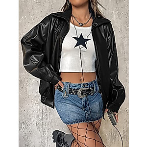 MakeMeChic Women's Faux Leather Jacket Casual Long Sleeve Collar Zip Up PU Leather Jacket Coat Black S