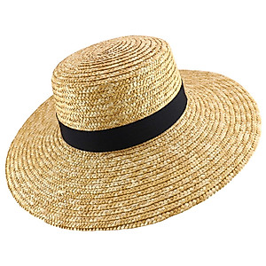 Trendy Apparel Shop Women's 4" Brim Ribbon Band Boater Wide Brim Straw Sun Hat - Natural