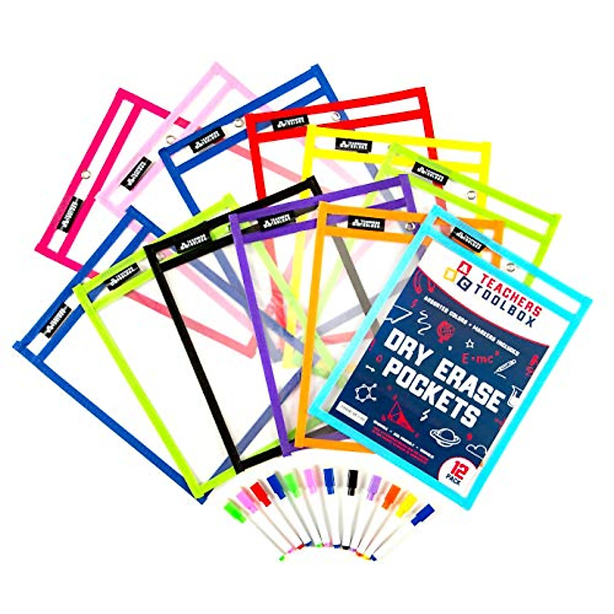 Dry Erase Pockets 12pc [10” x 13”] +Free PENS +Bonus 900 Downloadable Worksheets! Write and Wipe Reusable Plastic Sheet Protectors for Classroom Organization & Teaching Supplies by Teachers Toolbox