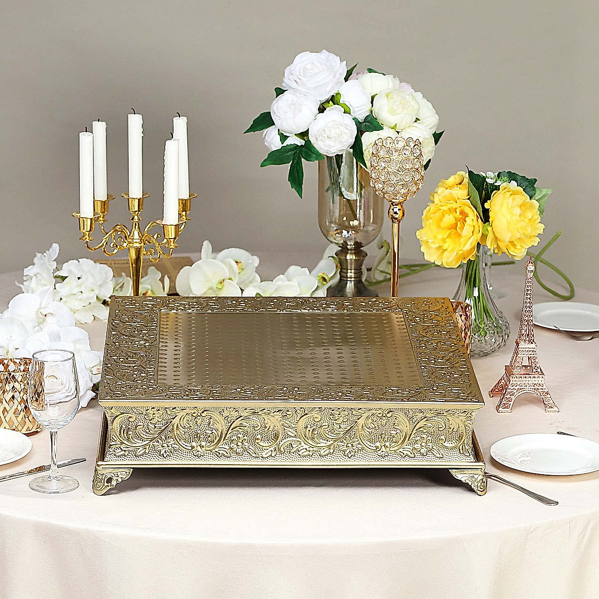 Efavormart 22” Gold Square Embossed Metal Cake Plateau Stand Riser Wedding Birthday Party Dessert Cake Pedestal Display Plate