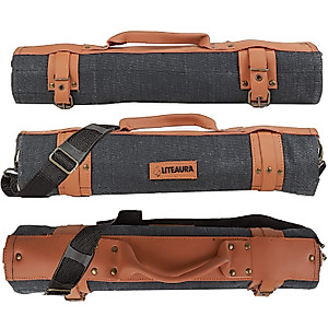 Chef knife roll bag large | stores 10 knives, 3 kitchen utensils Plus leather zipper pouch size open: 28" x 20" | waxed canvas knife carrier | easily carried shoulder strap professional chefs