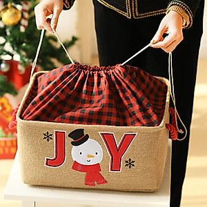 INough Gift Baskets Empty Large Christmas Basket Christmas Empty Christmas Gift Baskets with Handles Collapsible Christmas Storage Baskets, Holiday Baskets for Kidsroom Nursery Play Room (Large, Joy)