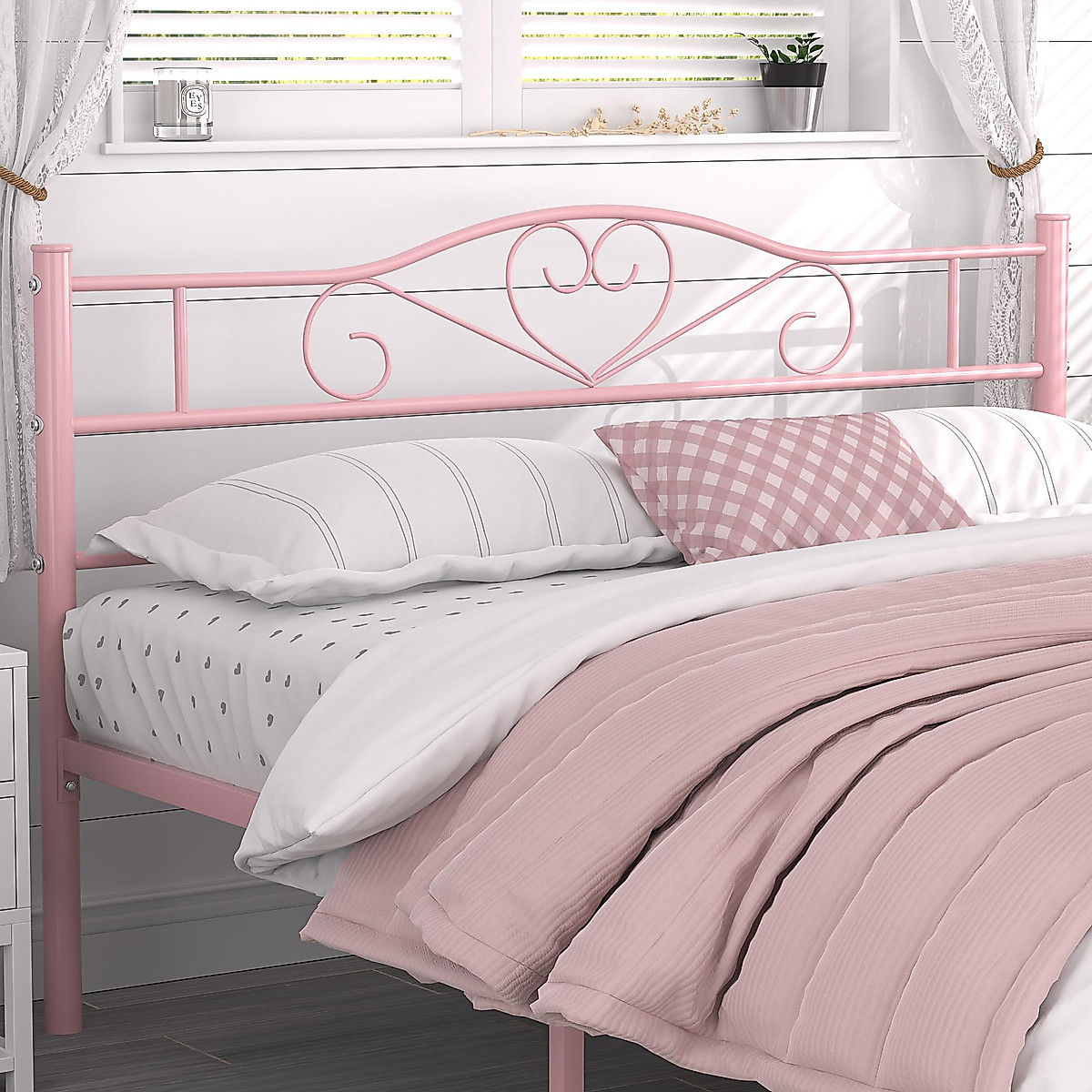 VECELO 14 Inch Queen Size Metal Platform Bed Frame with Headboard and Footboard, Heavy Duty Mattress Foundation with Steel Slats Support, No Box Spring Needed, Pink