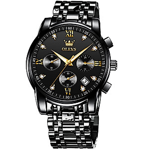 Black Watch for Men OLEVS Watch Men Stainless Steel Watches Waterproof Luxury Business Dress Mens Watches Quartz Analog Classic Big Large Face Watches Black Dial with Day and Date,relojes para hombres