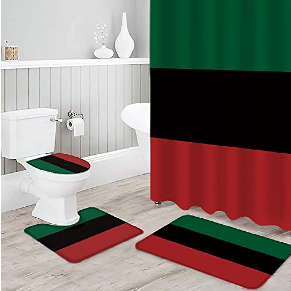 Shower Curtain Set with Bathroom Rugs and Mats Independence Day USA Flag Black Red Green Stripe Bathroom Rugs Set 4 Piece, Non-Slip Rugs,Toilet Lid Cover Bath Mat, Waterproof Shower Curtain for Tub
