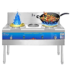 INTSUPERMAI Commercial Gas Stove Burner Double Burner Stove Double-Head Hot Stove Fierce Fire Stove Stainless Steel Chinese Wok Range Gas LPG 2 Wok Burner for Fast Food Equipment