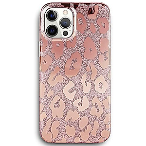 J.west Case Compatible with iPhone 12 Pro Max 6.7-inch, Luxury Saprkle Bling Glitter Leopard Print Design Soft Metallic Slim Protective Phone Cases for Women Girls TPU Silicone Cover Case Rose Gold