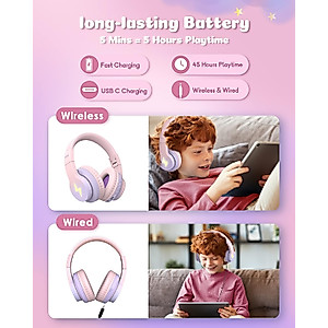 seenda Kids Bluetooth Headphones, Colorful Wireless Over Ear Headset with 85dB/94dB Volume Limited, 45H Playtime, 3 Lighting Modes, Built-in Mic Headphones for Boys Girls iPad Tablet School Pink