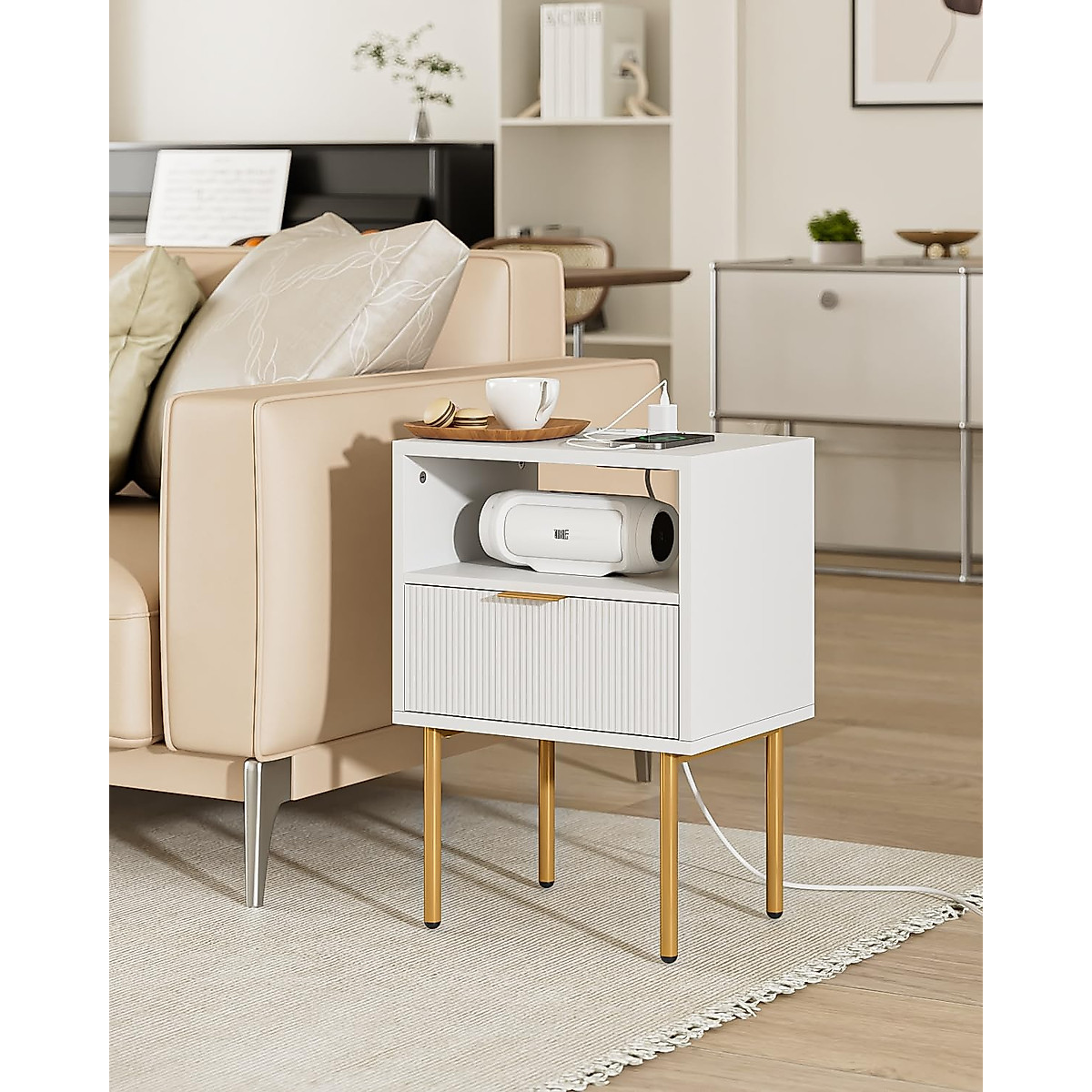 AEPOALUA Nightstand with Charging Station,Small Bedside Table with Gold Frame,White Night Stand,Bedside Furniture,Side Table with Drawer and Shelf for Bedroom,Living Room,Stripe