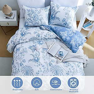 BOLINLIVING Floral Duvet Cover Queen Size 3 Pieces, Flower Duvet Cover with 2 Pillow Shams, Soft Floral Bedding Set White and Blue for All Season, Breathable, Zipper Closure…
