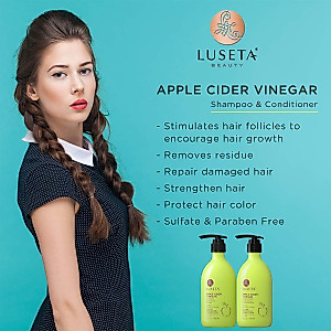 Luseta Apple Cider Vinegar Shampoo and Conditioner for Hair Loss,Clarifying, Dandruff - Sulfate Free, for Damaged and Oily Hair Types, Men and Women - 2 x 16.9oz