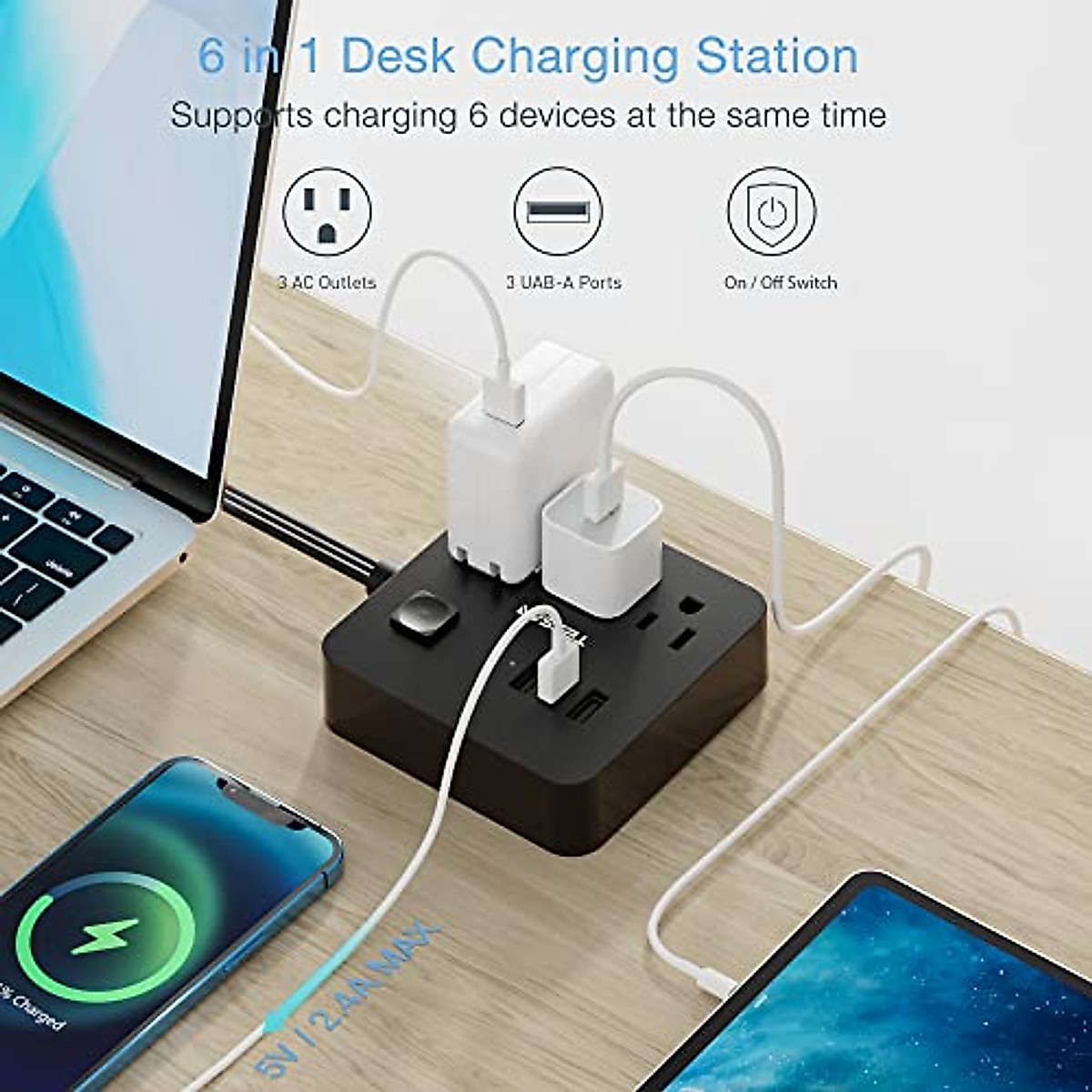 Flat Plug Power Strip, TESSAN Ultra Thin Extension Cord with 3 USB Wall Charger, 5 ft Slim Desk Charging Station Compact for Cruise Ship, Travel, Home, Office, Dorm Room Essentials, Black