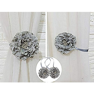 CHICTIE 2 Piece Large Cloth Flower Magnetic Curtain Tieback Wedding Decorative Holdbacks Rope American Rustic Style Drapery Holder Clip for Girl's Room (Grey)