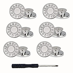YouOKLight Buttons for Jeans, 17 mm no-sew nailess Removable Metal Jeans Buttons Replacement Repair Combo Thread Rivets and Screwdrivers, 12 Silvery Buttons, Simple Installation, Reusable Adjustable.