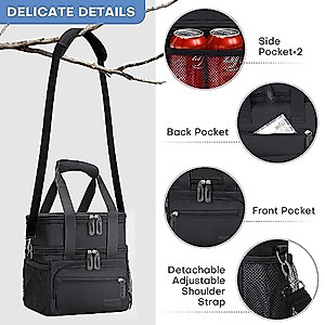 RONROX Double Deck Insulated Lunch Box, Leakproof Reusable Lunch Cooler Bags, Expandable Large Lunch bag, 900D Oxford for Men Women, Adults Work, Office, Picnic, 17L, Black