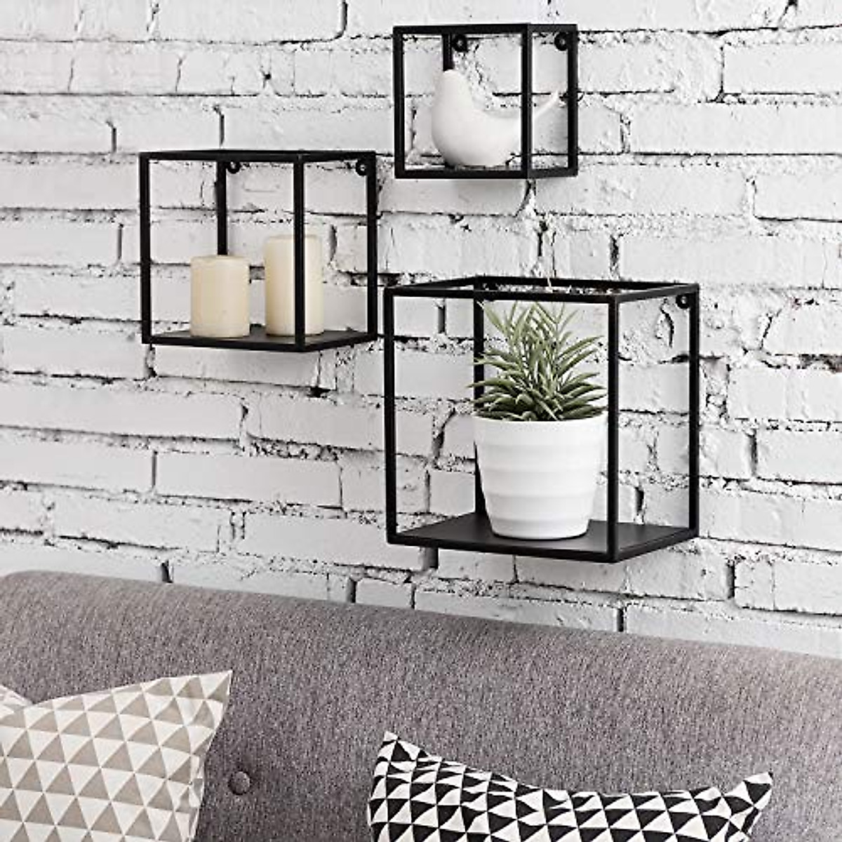 MyGift Black Metal Cube-Frame Wall Hanging Shelves, Set of 3
