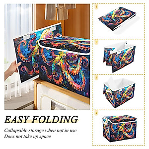 YMGQYJ Oil Painting Animal Storage Cube with Lid Collapsible, Large Capacity Foldable Storage Basket Bin Organizer 16.5×12.6×11.8 inches