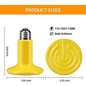 Simple Deluxe Ceramic Heat Emitter Heating Bulb No Light Reptile Heat Lamp, Brooder Coop Heater for Terrarium Amphibian Pet Snake Turtle, Incubating Chicken, 150W, 2 Pack, Yellow