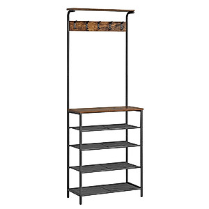 VASAGLE Hall Tree with Shoe Bench, Coat Rack Shoe Bench, 5-Tier Shoe Rack Different Heights, 5 Dual Hooks, Top Shelf, Entryway Organizer, Hallway Bedroom Dorm, Rustic Brown and Black UHSR412B01