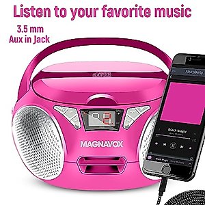 Magnavox MD6924 Portable Top Loading CD Boombox with AM/FM Stereo Radio in Black | CD-R/CD-RW Compatible | LED Display | AUX Port Supported | Programmable CD Player | (Pink)