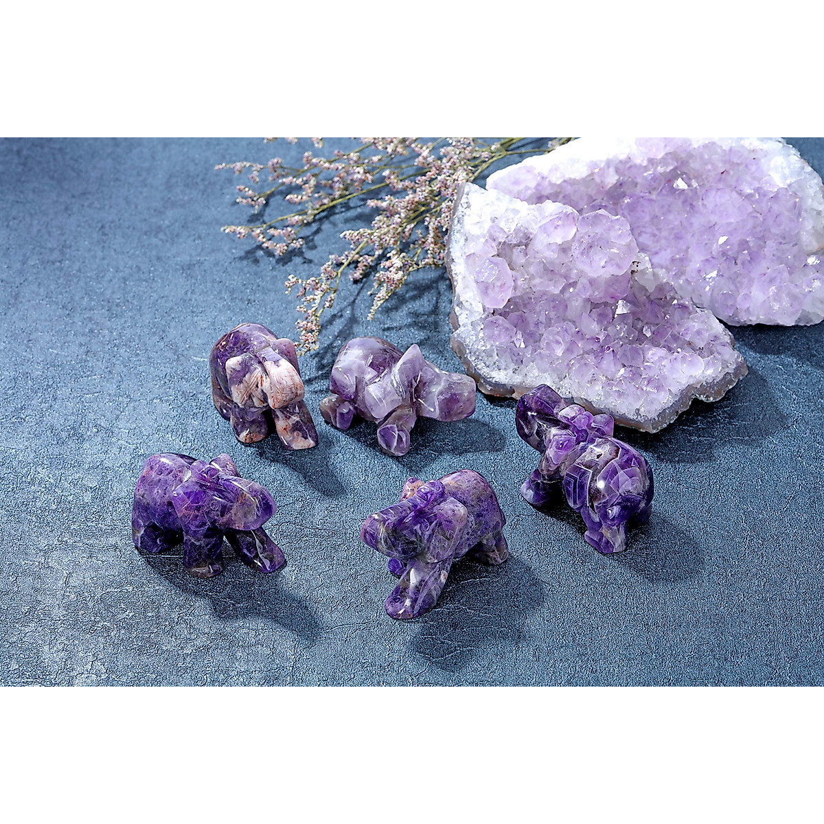 Top Plaza 2 Inches Amethyst Crystals Elephant Figurines Decor Reiki Healing Crystal Stone Crafts Statues Elephant Gifts Collectible Decor for Home Office Desk