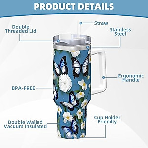 HULIBIN Blue Butterflies White Flowers Print Double Deck Stainless Steel Travel Coffee Cup With Lid 40 Oz Ice Bully Cup