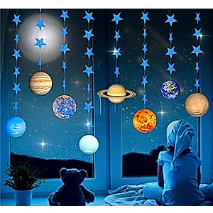 Galaxy Solar System Hanging Paper Decoration (8 Strings X 4.3ft), Outer Space Paper Garland Flower Party Streamers, Plant with Blue Star Hanging for Kids Bedroom Decor，Birthday PartySupplies