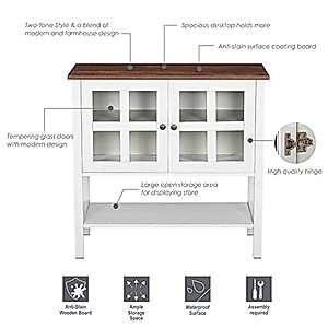 Spirich Home Sideboard Buffet Cabinet, Kitchen Storage Cabinet with 2 Glass Doors and Adjustable Shelf, Wood Cupboard Console Table for Dining Room White