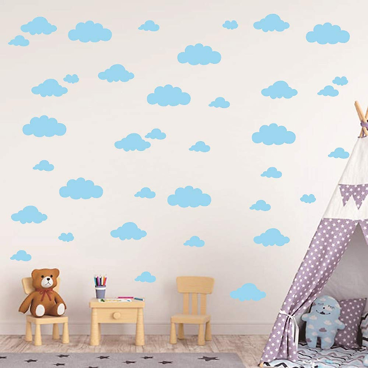 31 pcs Mix Size 4-10 inch Clouds Wall Decal Sticker for Kids Bedroom Decor -DIY Home Decor Vinyl Clouds Mural Baby Nursery Room Wallpaper YYU-14 (Light Blue)