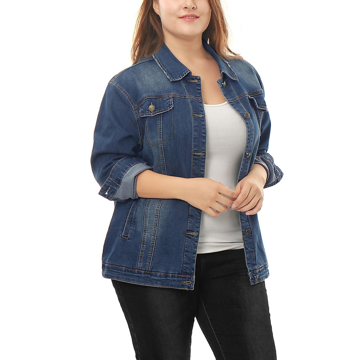 uxcell Women's Plus Size Jean Jacket Stitching Button Front Washed Denim Jacket 3X Blue