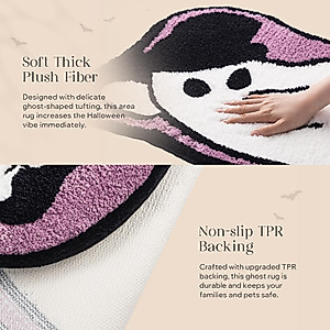 Phantoscope Happy Halloween Rug Ghost Shaped Area Rug, Soft Plush Mat for Front Door Living Bedroom Bathroom, Non-Slip Decorative Rug, Gothic Halloween Decor Door Mat, White/Purple 27.5 x 55 inch