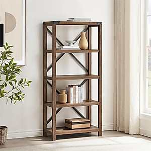 Walker Edison Andersen Urban Industrial Metal X Back 4 tier Bookshelf, 64 Inch, Rustic Oak