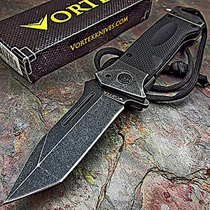 VORTEK Ball Bearing Pivot System Heavy Duty EDC Folding Pocket Knife: 8Cr13MoV Razor Sharp Blade - LMF Style Pommel with Lanyard - Smooth Fast One Hand Opening