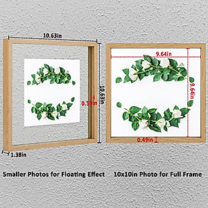 MUYE 10x10 Floating Frame Set of 2,Double Glass Square Photo Frame,Display Any Size Photo up to 10x10,Wall Mount or Tabletop Standing,Natural