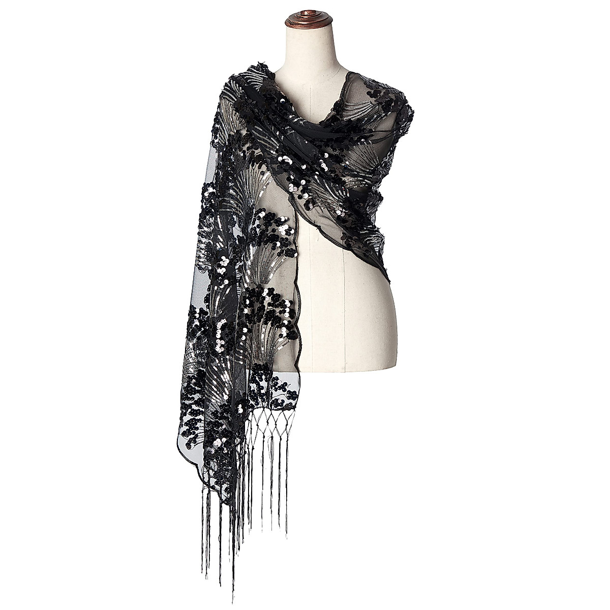BABEYOND 1920s Sequin Shawl Fringed Evening Cape Wedding Bridal Shawl (Black)