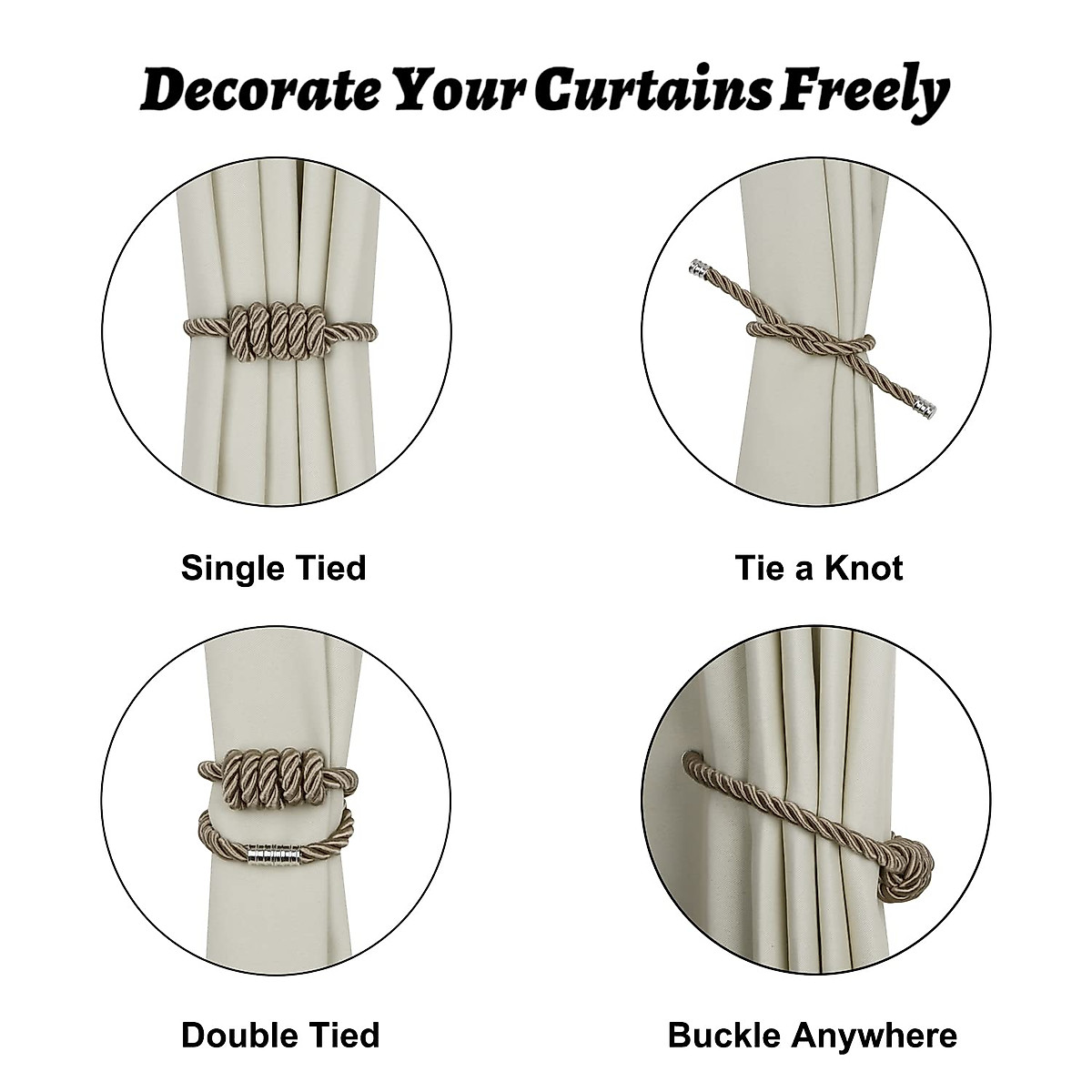 BEL AVENIR Magnetic Curtain Tiebacks, Decorative Drapery Holdbacks Modern Woven Tie-Backs with Exquisite Knot (Flaxen, 2 Pack)