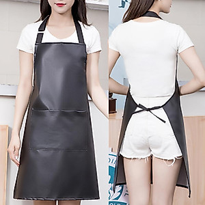 eywlwaar PU Waterproof Apron with One Big Pocket Adjustable Oil Proof Apron for Kitchen Dishwashing Cooking 29.92"x 26.77" (Black-2Packs)