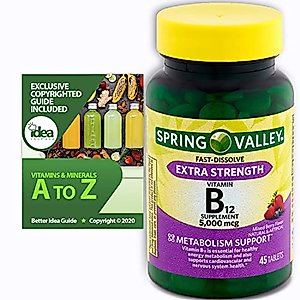 Vitamin B12 Fast Dissolve Tablets by Spring Valley, 5000 mcg + “Vitamins & Minerals - A to Z - Better Idea Guide©” | Metabolism Support and Natural Mixed Berries Flavor (1 Pack 45ct)